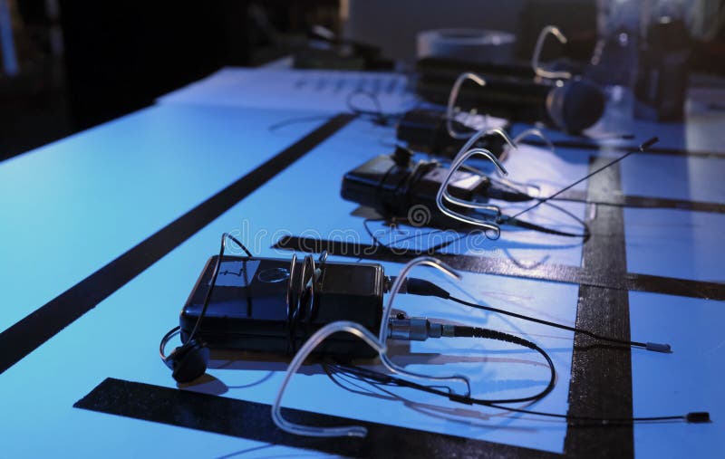 Clip-on Microphones on a Table Backstage Stock Image - Image of ready ...