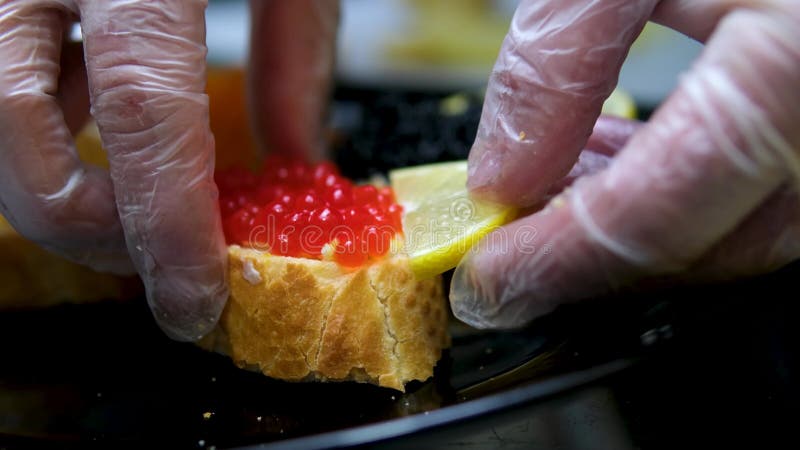 Clip Process of Making Sandwich with Different Types of Caviar Stock ...