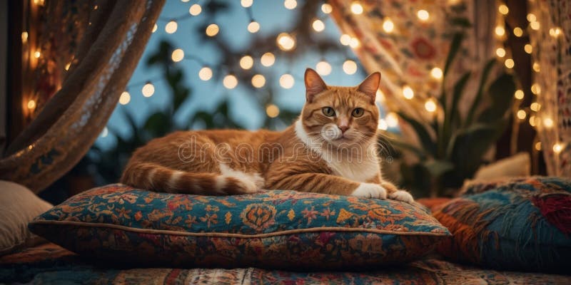Clipart of a Cat Relaxing in a Boho-themed Cushion Fort Complete with ...