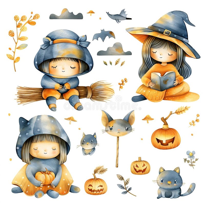 Little Witch, Halloween Theme Watercolor Clip Art in Blue-yellow Tones ...