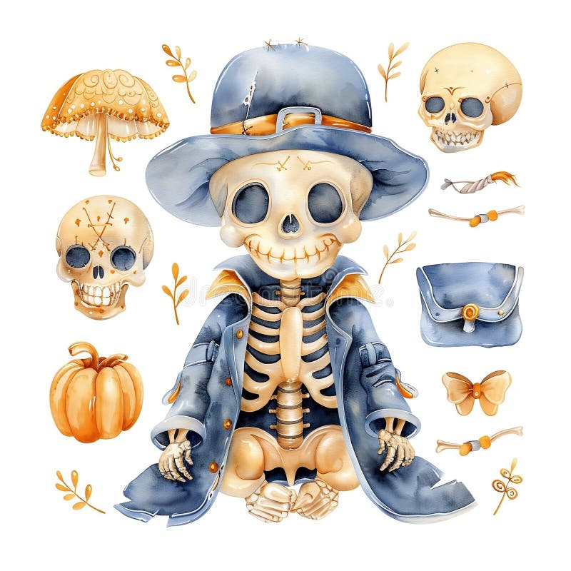 Skeleton Ghost X-ray Halloween Watercolor Blue-yellow Tone Clip Art ...
