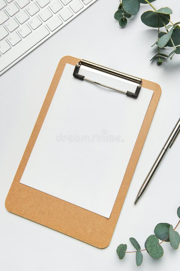 Clipboard with Blank Paper, Pen, Keyboard and Eucalyptus Branches on ...
