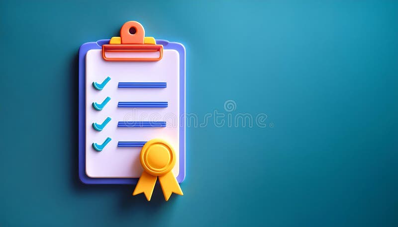 Clipboard with Check Marks and Golden Award Ribbon on a Table Stock ...