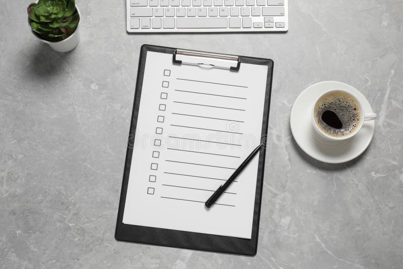 Clipboard with Checkboxes, Cup of Coffee Plant and Computer Keyboard on ...