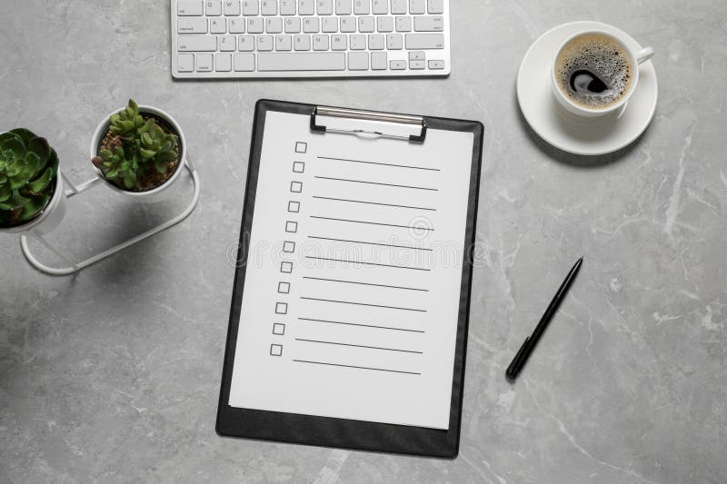 Clipboard with Checkboxes, Cup of Coffee, Plants and Computer Keyboard ...