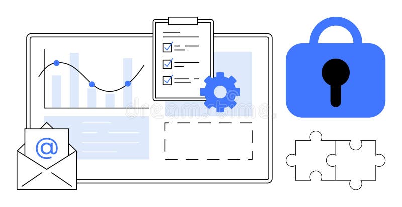 Data Security and Management Concept with Charts, Email, Lock, Gear ...
