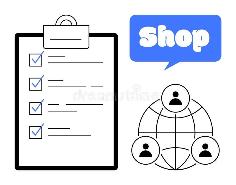 E-commerce Checklist with Global Team Network and Shop Icon Stock ...