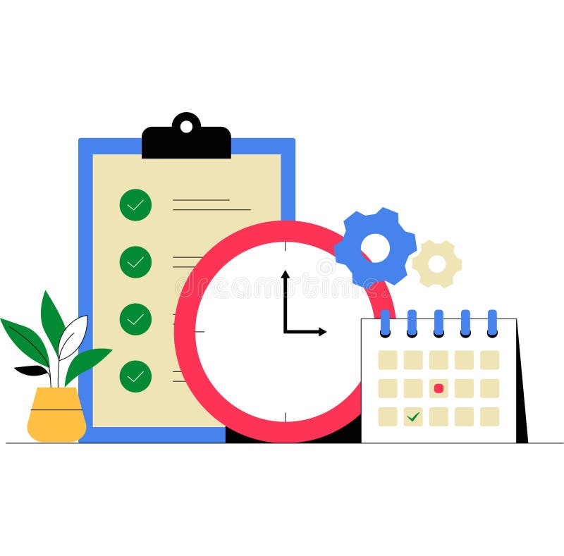 Clipboard with Checklist and Clock in Flat Vector Illustration ...