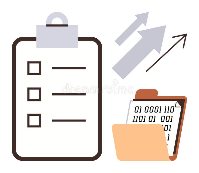 Clipboard with Checklist, Binary Data File, and Upward Arrows Representing Organization and ...
