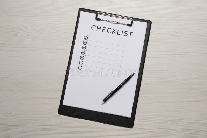 Clipboard with Checklist and Pen on Wooden Table, Top View Stock Image ...