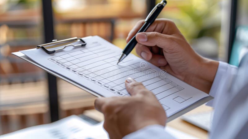 Clipboard with Checklist of Questionnaire Items Held by Hands, Pen ...