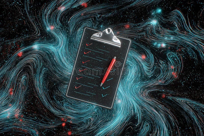 Clipboard with Checkmarks and a Pen Floating among Swirling Cosmic Patterns in a Digital ...