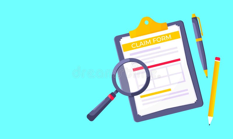 Clipboard with Claim Form on it, Paper Sheets, Magnifying Glass ...