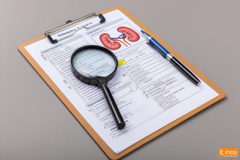 Kidney Function Checklist on Clipboard with Magnifying Glass and Pen ...