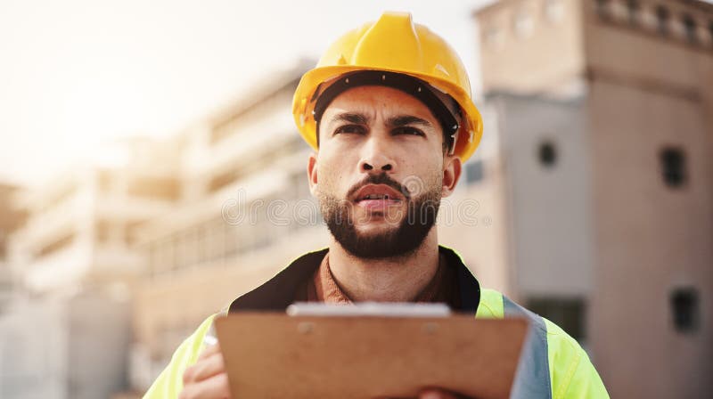 Clipboard, Engineer and Inspection with Man in City for Architecture ...