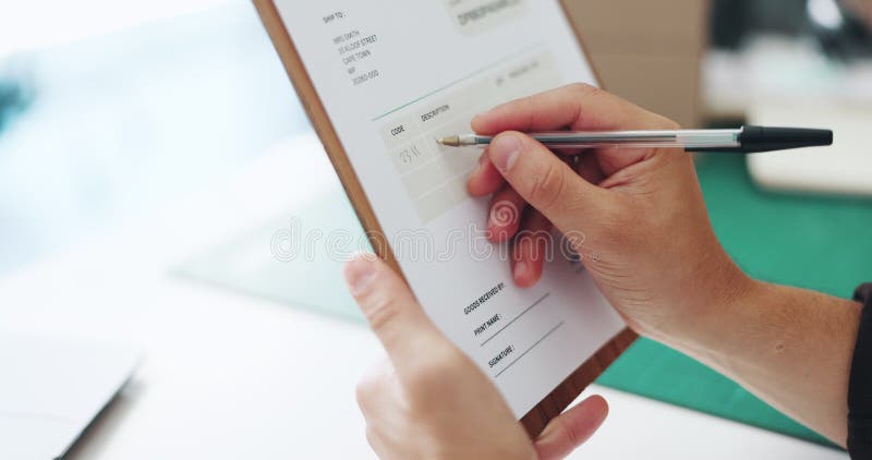 Clipboard, Hands and Logistics with Person in Office, Checking Order ...