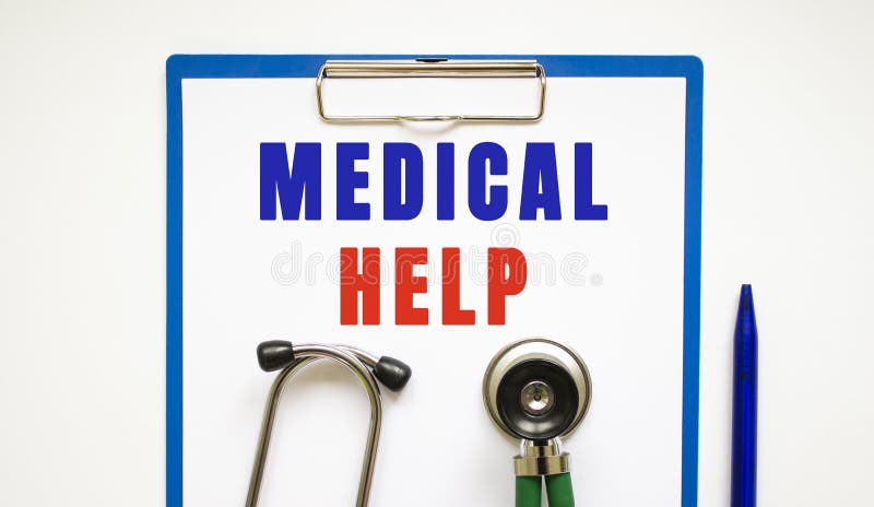 Clipboard with Page and Text MEDICAL HELP, on a Table with a ...