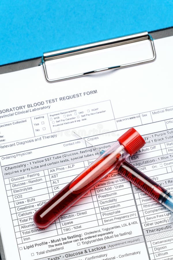 Clipboard with Paper Blank Form with Blood Test Tubes on Blue ...