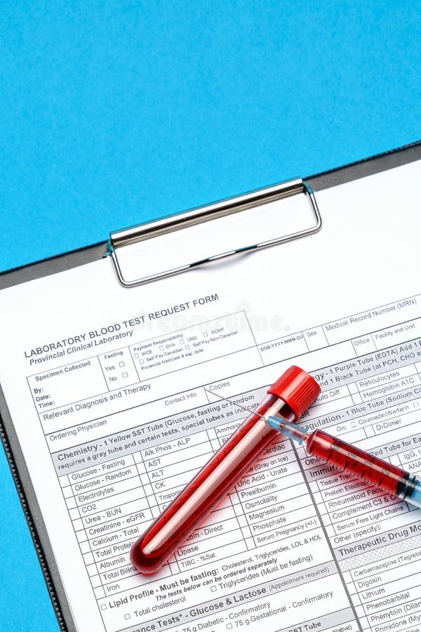 Clipboard with Paper Blank Form with Blood Test Tubes on Blue ...