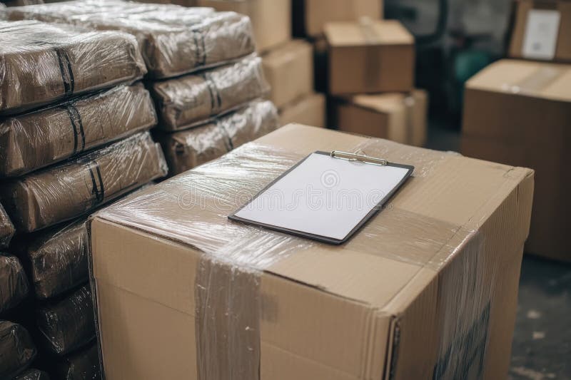 Clipboard Resting on Cardboard Box in Warehouse, Delivery and Supply ...