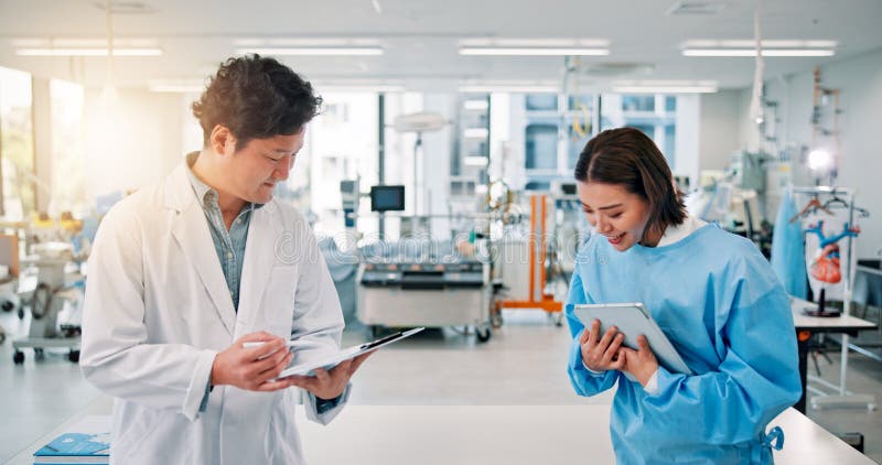 Clipboard, Tablet or Teaching with Doctor and Intern in Hospital for ...