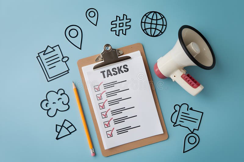 Clipboard with Task List and Icons, Pencil and Megaphone beside it ...