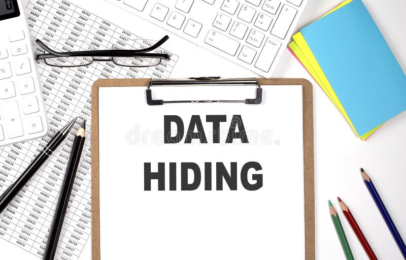 Clipboard with Text DATA HIDING Keyboard and Chart on White Background ...