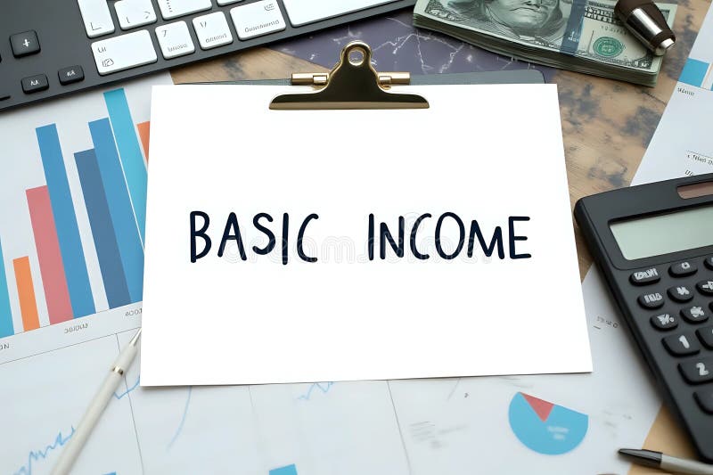 Clipboard with White Blank Paper Text BASIC INCOME , Keyboard ...