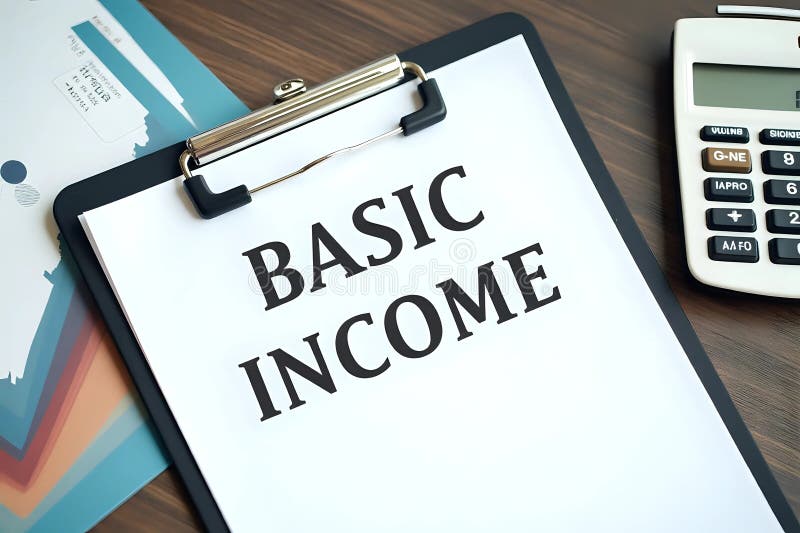 Clipboard with White Blank Paper Text BASIC INCOME , Keyboard ...
