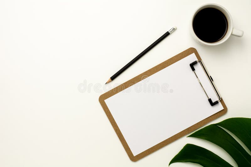 Clipboard and White Paper on White Office Desk Background. Stock Photo ...