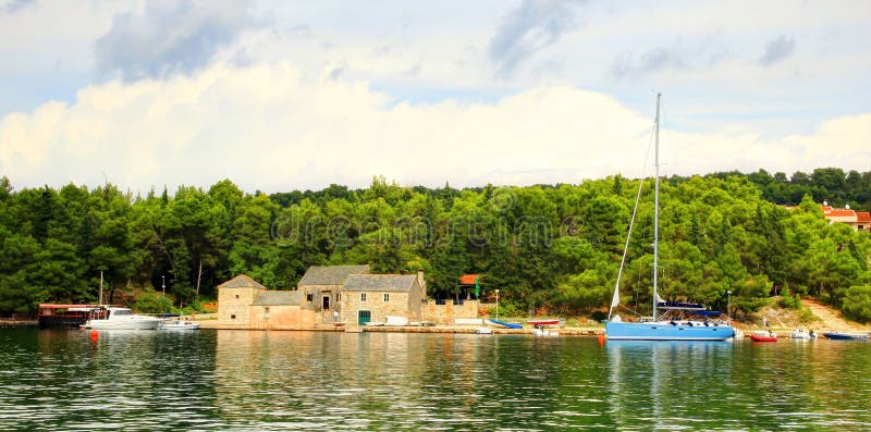 Clipper is Harbouring in Small Harbour Stock Image - Image of palms ...