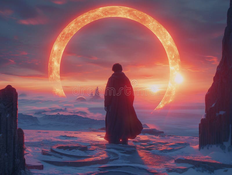 Cloaked Figure Observing a Solar Eclipse Stock Illustration ...