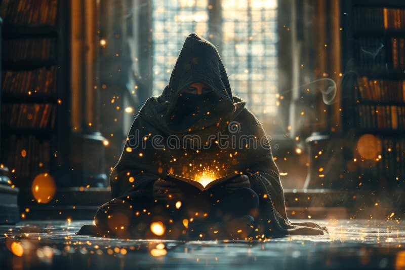 Mysterious Figure Reading in an Ancient, Magical Library Stock ...