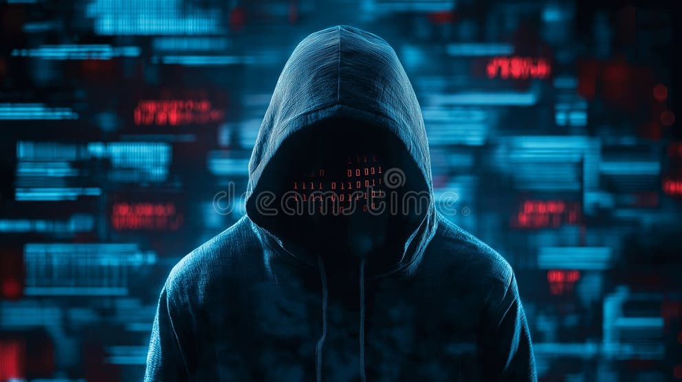 Anonymous Figure in Hoodie with Obscured Face Amid Digital Binary ...