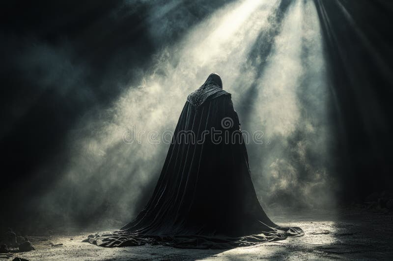 Cloaked Figure Stands Under Dramatic Light in a Misty Atmosphere Stock ...