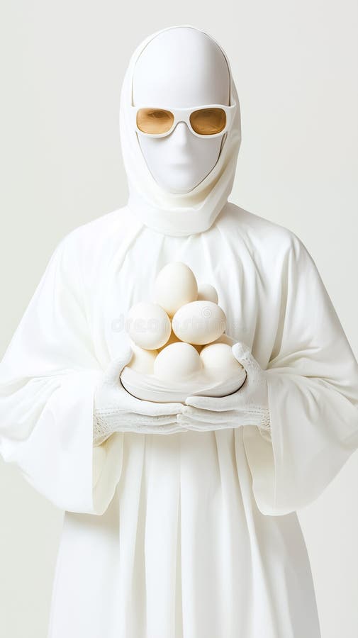 A Cloaked Figure in White Gently Cradles a Tower of Smooth Eggs ...