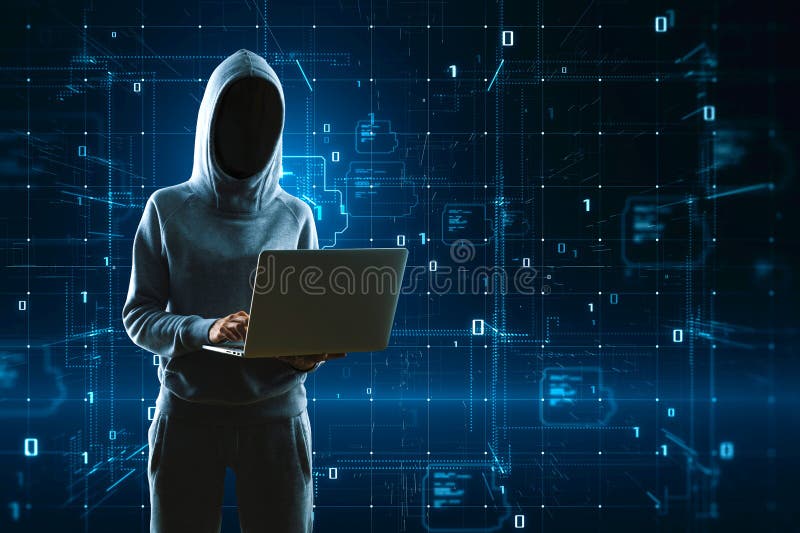 A Cloaked Hacker with Laptop in Front of a Complex Cyber Network ...
