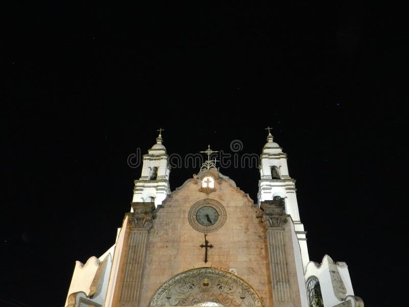 Clock-adorned Church with Three Towers at Night Stock Image - Image of ...