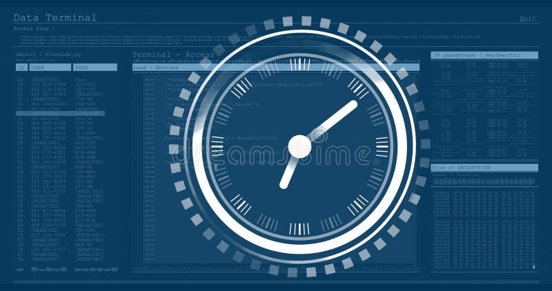 Clock Animation Over Computer Terminal Interface with Data and Code Stock Footage - Video of ...