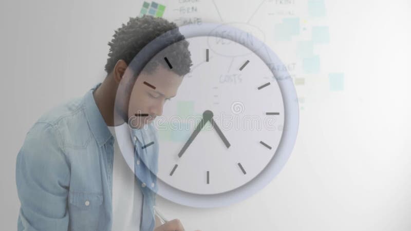Clock Animation Over Man Working on Project with Sticky Notes on ...