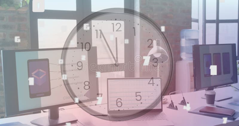 Clock Animation Over Modern Office Workspace with Digital Devices and ...