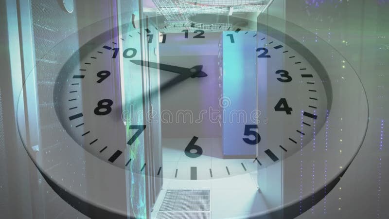 Clock Animation Over Server Room, Indicating Time Management in Data ...