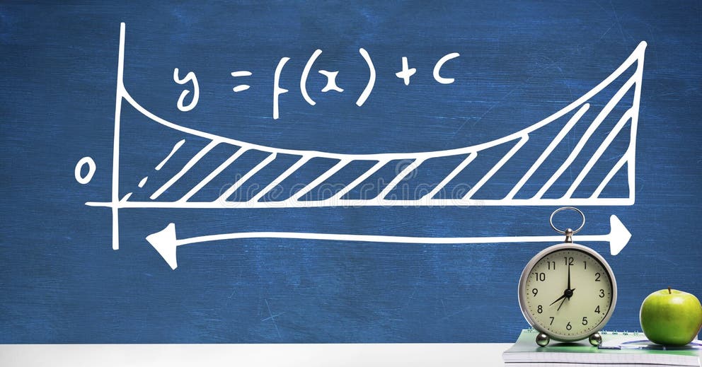 Clock and Apple on Desk Foreground with Blackboard Graphics of ...