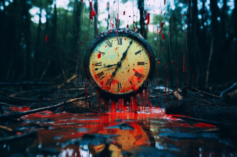 A Clock with Blood Dripping from it Sits in the Middle of a Forest ...