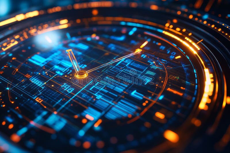 A Clock with a Blue Face and Orange Numbers Stock Illustration ...