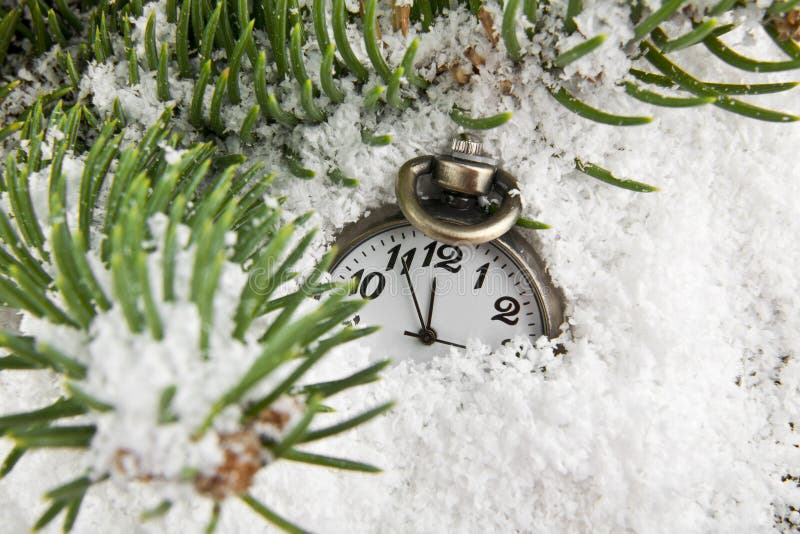 Clock and Branch of a Tree in the Snow Stock Image - Image of snow ...