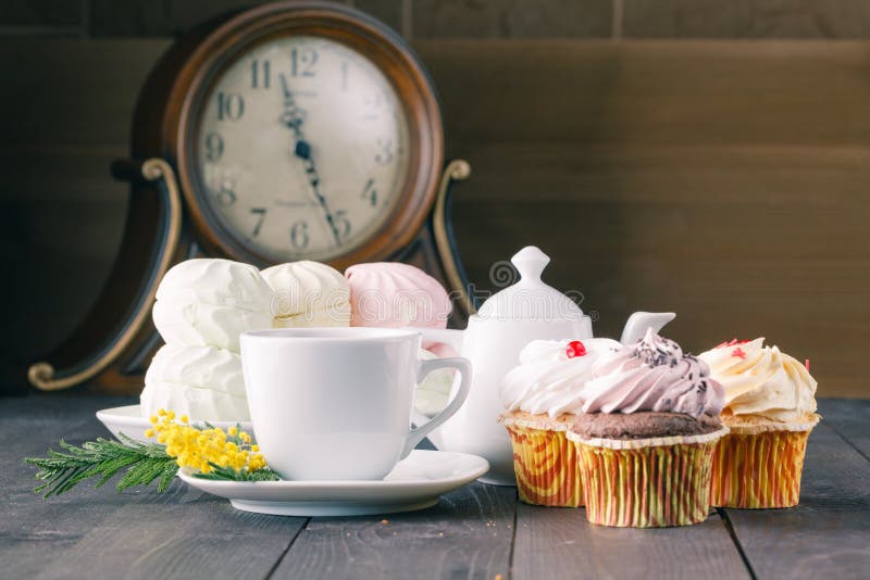 Clock and Breakfast on Dark Wooden Table Stock Photo - Image of black ...
