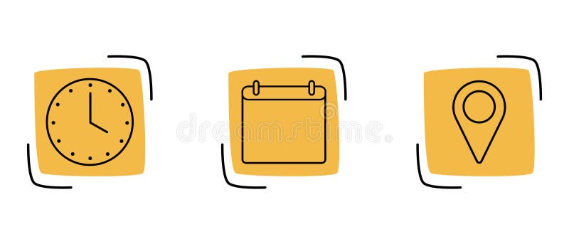Clock, Calendar and Location Pin Icons on Yellow Squares Stock Vector ...