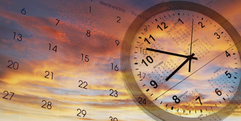 Clock and calendar in sky stock image. Image of calendar - 259769223