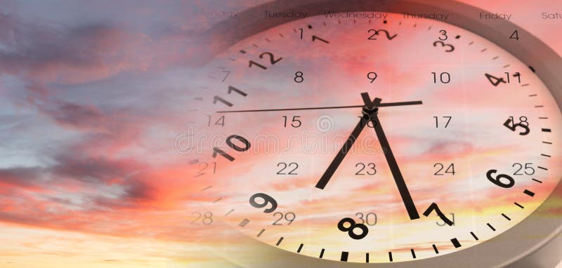 Clock and calendar in sky stock photo. Image of passingquot - 224458042